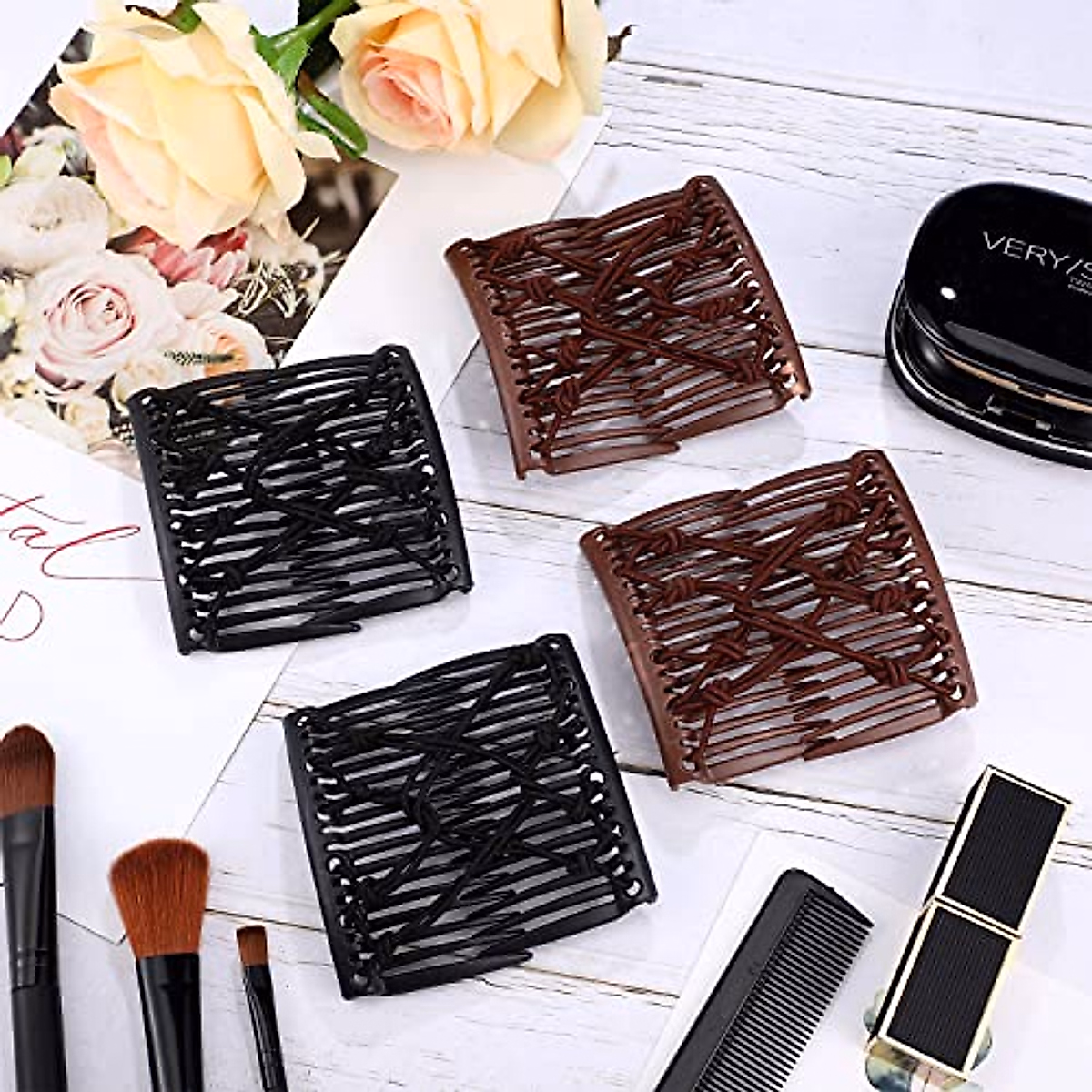 4 Pieces Stretchy Double Comb Hair Clip Adjustable Elastic Hair Comb No Crease Hair Pins Hair Accessories for Women Curly Thick Wavy Hair Ponytail (Black, Coffee)