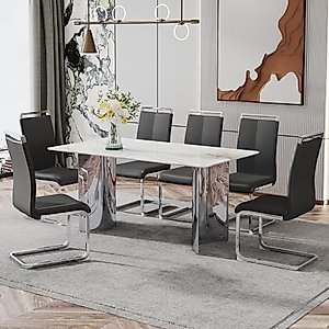 Maotifeys Marble Dining Table Set for 6, 7 Piece Modern Dining Room Table Set with Rectangle Kitchen Table and Black Upholstered Pu Leather Chairs, 63" White Faux Marble Dining Table Chairs Set of 6
