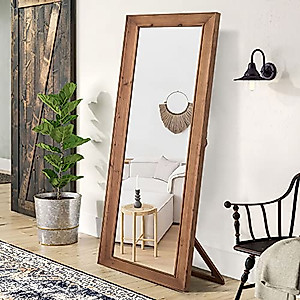 Trvone Full Length Mirror Solid Wood Frame Mirror Floor Mirror with Standing Holder Vertical and Horizontal Hanging Wall Mirror Dressing Mirror for Bedroom Living Room(65"x22", Tawny Brown)