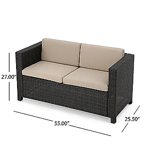 Christopher Knight Home Puerta Outdoor Wicker Loveseat with Cushions, Dark Brown / Beige Cushions