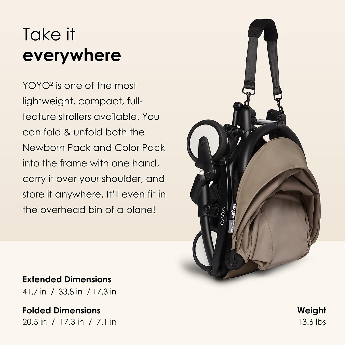 BABYZEN YOYO2 Stroller & 0+ Newborn Pack - Includes Black Frame, Taupe 6+ Color Pack & Taupe 0+ Newborn Pack - Suitable for Children Up to 48.5 Pounds