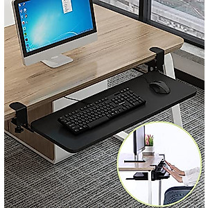 Under Desk Keyboard Tray for Corner L Shaped Desk, Clamp On Keyboard Drawer Slide Out, Ergonomic Desk Extender with Swivel Clips NO Need to Dill Holes, Black