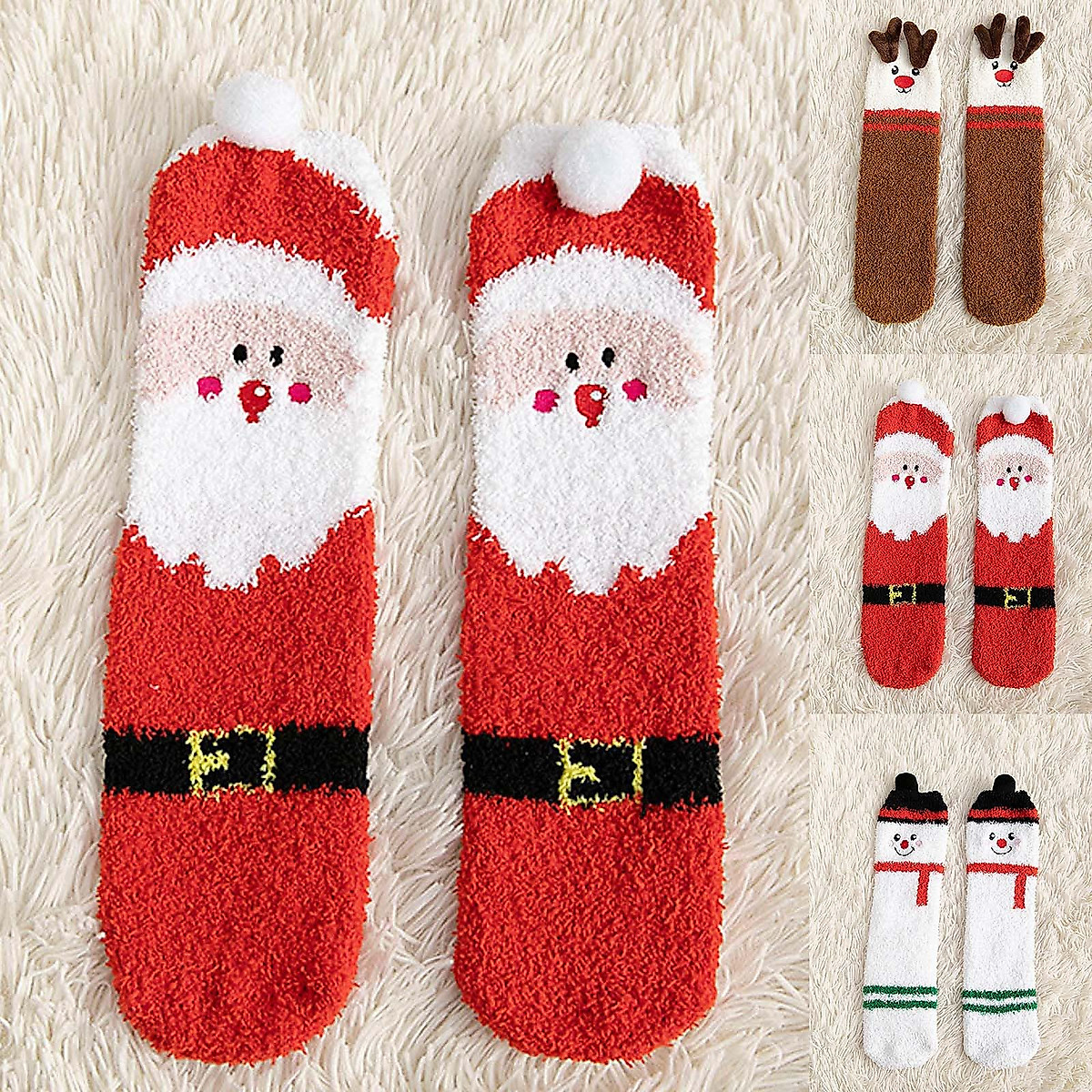 Fuzzy Stockings for Christmas New Pattern Cartoon Cute Christmas Socks Winter Warm and Comfortable (Brown, One Size)