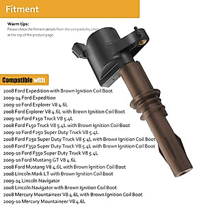 Ignition Coil Pack Compatible with V8 4.6 5.4 2008 2009 2010 Ford F150 F250 F350 Super Duty, Expedition Explorer Mustang Lincoln Navigator Mercury Mountaineer 4.6L 5.4L, Brown Boot C1659 DG521 FD509