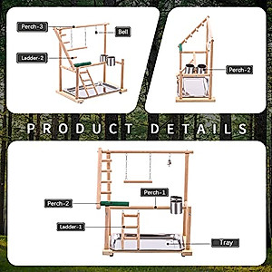 Bird Play Stand Parrots Playground Wooden Stick Perch，Bird Playpen Exercise Gym with Ladder Feeder Cup Bell Swing，Parrot Play Climb Gym for Parakeet Cockatiel Conure(Include a Tray)