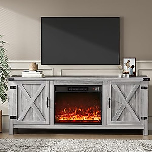 YESHOMY Fireplace TV Stand with Two Barn Doors and Storage Cabinets for Televisions up to 65+ Inch, Entertainment Center Console Table, Media Furniture for Living Room, 58 Inch, Gray Wash
