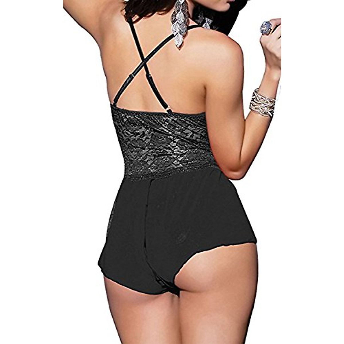 Women Lingerie Sheer Lace Mini Babydoll Teddy Sexy Bodysuit Backless Sleepwear (XXXL, Black)