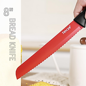 hecef 13 Pieces Kitchen Knife Set with Built-in Sharpening Wooden Block, High Carbon Stainless Steel Knife Block Set with Steak Knives, Kitchen Scissors, Red