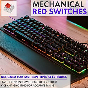 Tilted Nation RGB Keyboard, Gaming Mechanical Keyboard with Volume Control Knob and Magnetic Removable Wrist Rest - Perfect Gamer Keyboard with Quick Response Red Switches