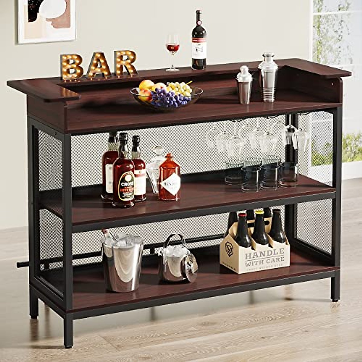 Tribesigns Industrial Home Bar Unit, 3 Tier Liquor Bar Table with Stemware Rack and Wine Storage Display Shelf, Mini Bar Cabinet with Glass Holder Footrest and Mesh Front