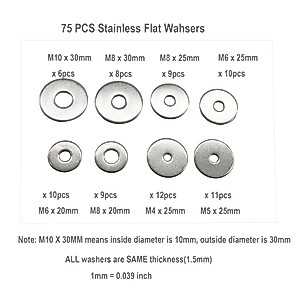Floyutin 304 Stainless Fender Flat Washer Large Assortment Set for Screw Hardware Lock 75pcs (M4 M5 M6 M8 M10),No Case