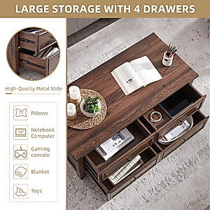 JXQTLINGMU 48" Coffee Table with 4 Large Storage Drawers, Modern Farmhouse Cocktail Table with Barn Door Design, Rustic Rectangle Center Table for Living Room, Office, Brown
