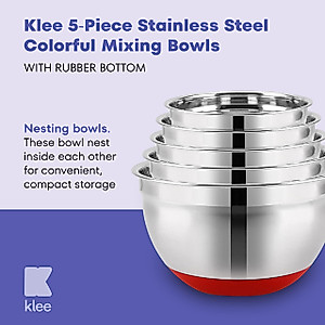 Klee 5-Piece Stainless Steel Colorful Mixing Bowls with Rubber Bottom, Set of 5