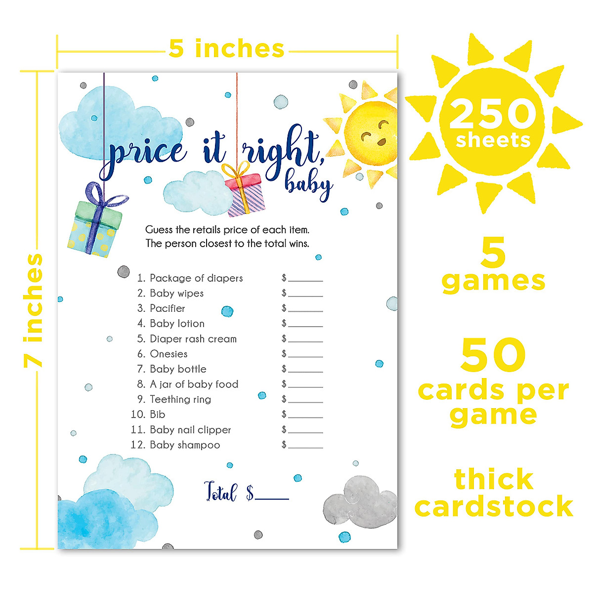 Baby Shower Games | 5 Games 50 Sheets Each 5x7 inches | Fun and Easy to Play Activities | Baby Predictions and Wishes/Advice, Bingo, What’s on Your Phone, Word Scramble and Price It Right