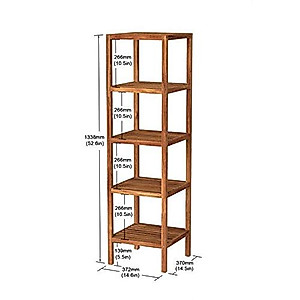 INTERBUILD Solid Wood 5 Tier Floor Storage Shelf Rack Multi-Use Standing Organizer in Bathroom, Bedroom, Living Room, Kitchen, Balcony, Office, Golden Teak