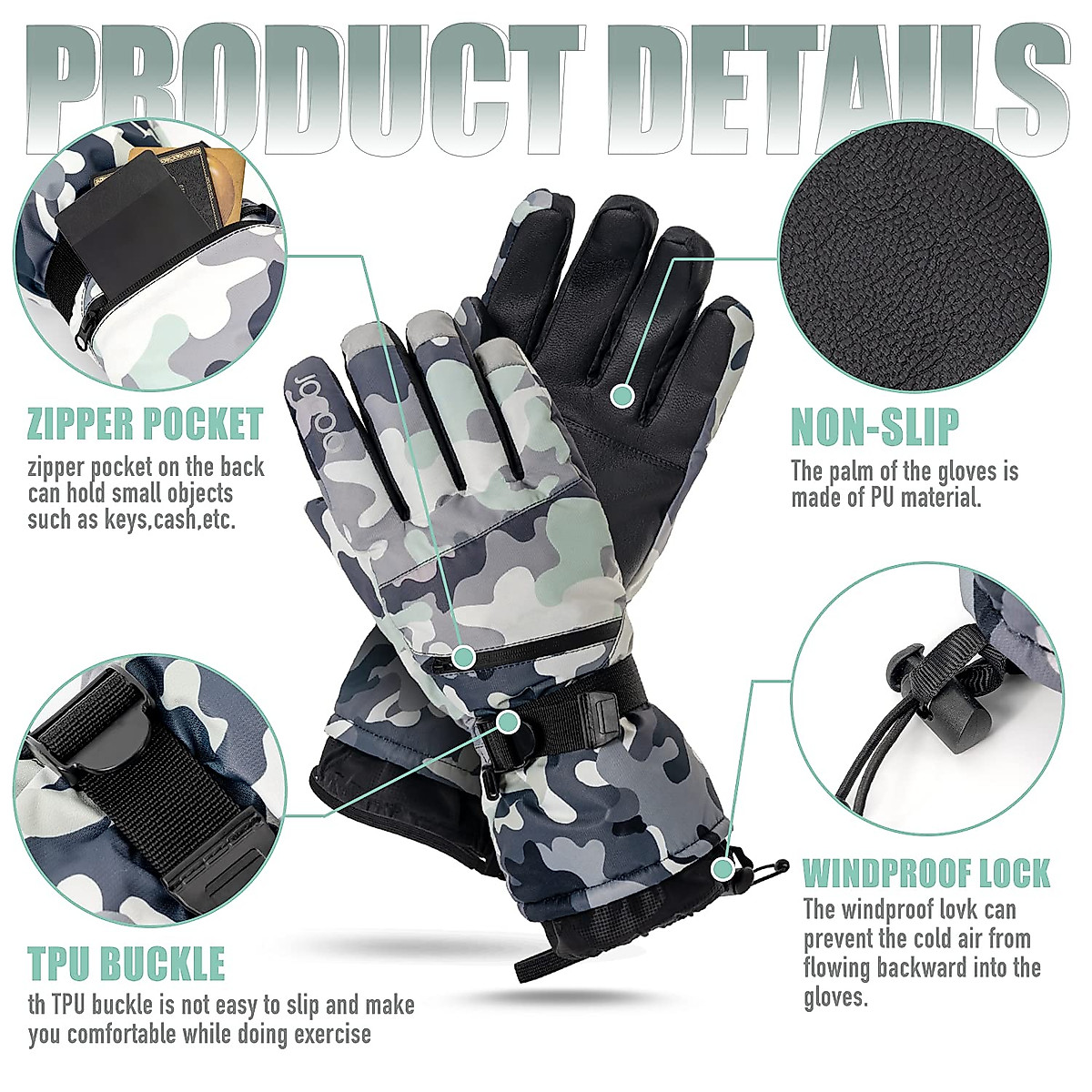 Jogoo Winter Warm Ski Gloves,3M Thinsulate Snow Snowboard Gloves for Men Women,Touchscreen Cold Weather Waterproof&Windproof with Pocket