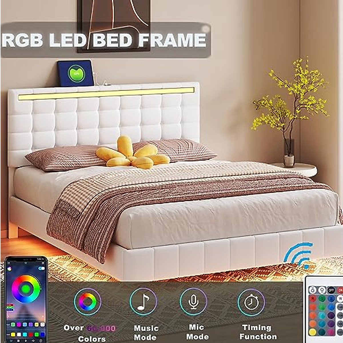 Gustonhon Queen Floating Bed Frame with LED Lights and USB Charging Bed for Modern Space,Upholstered PU Platform LED Bed with Headboard,No Box Spring Needed, Noise Free, Easy Assembly (White)