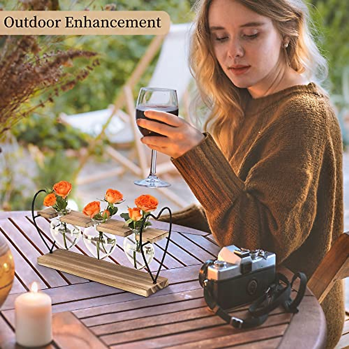 takfot Plant Propagation Station with Wood Stand, Terrarium Tabletop Glass Planter for Hydroponics Air Plants Home Office Decor, Plant Holder Lover Gifts for Women-3 Heart Shaped Vase