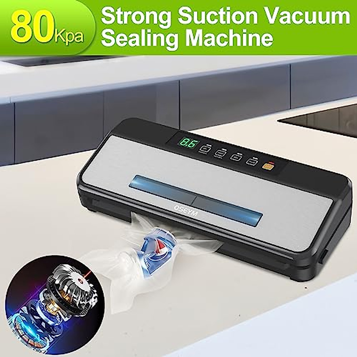OSEYM Vacuum Sealer Machine, 80Kpa Automatic Food Sealer Machine, Food Sealers Vacuum Packing Machine with Cutter & Bags, Air Sealing System for Dry/Moist Modes, Sealing Time Display, LED Indicator Lights, Visible Sealing Affection