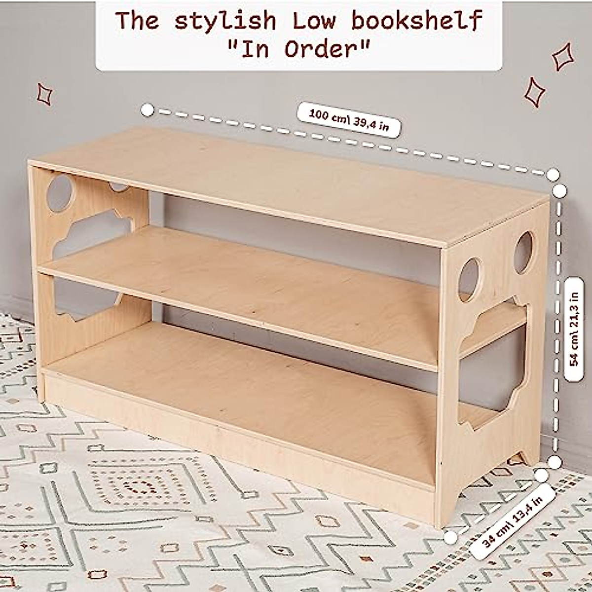 Woodandhearts Montessori 3 Tier Shelf - Low Open Shelf for Toddler - Wooden Floor Kids Organizer - Nursery Shelf for Storage (Natural wood, Low shelf "in order"))