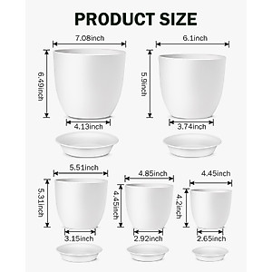 HOMENOTE Plastic Planter, 7/6/5.5/4.8/4.5 Inch Flower Pot Indoor Modern Decorative Pots for Plants with Drainage Hole and Tray for All House Plants, Succulents, Flowers, Cactus, White