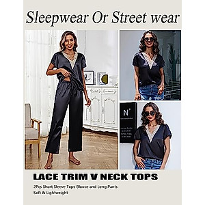 HBZDQB Satin Pajama Set for Women Short Sleeve Sleepwear Silk Soft Nightwear Comfy Loungewear daily Pjs Sets Fall Pyjama Black XL