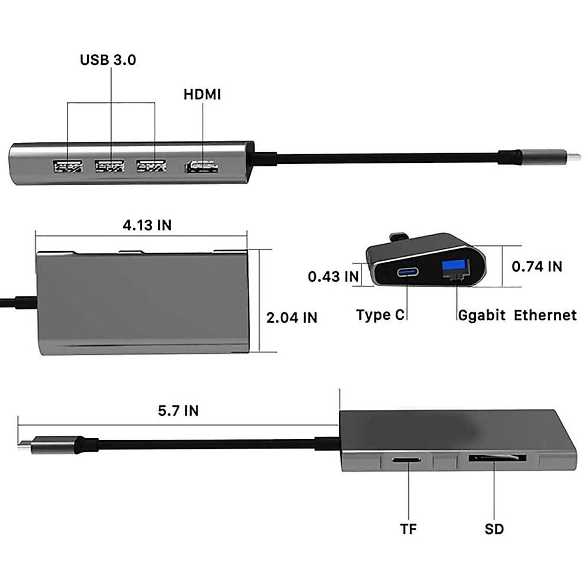 USB C Hub, 8 in 1 USB Type C Adapter with 4K HDMI, RJ45 Ethernet 1000Mbps, 3 USB 3.0, SD/TF Card Reader, Type C PD Charging Port for MacBook PRO/Air, iPad PRO, Mac
