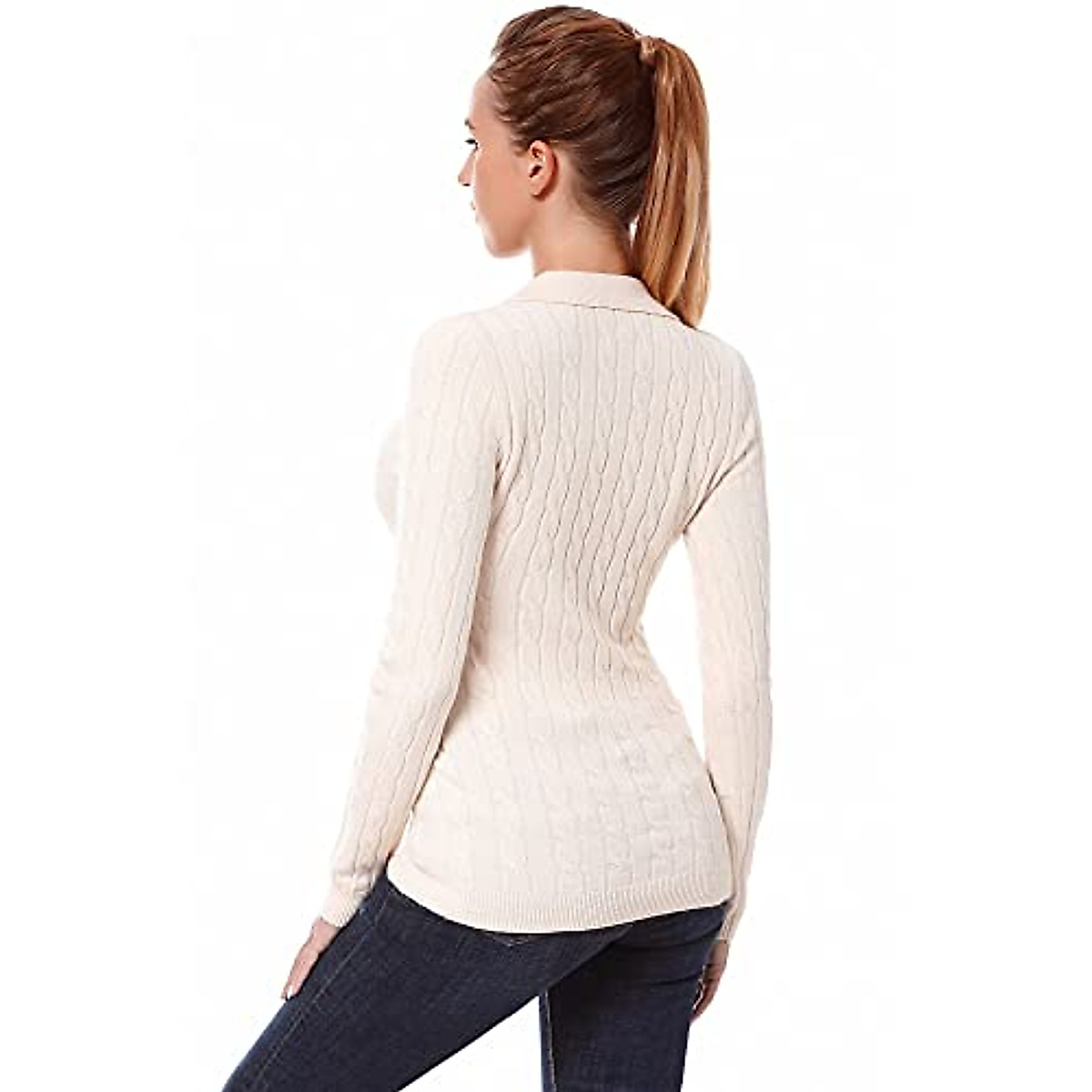 AmélieBoutik Women Collar V Neck Cable Knit Long Sleeve Pullover Sweater (Creamy White X-Small)