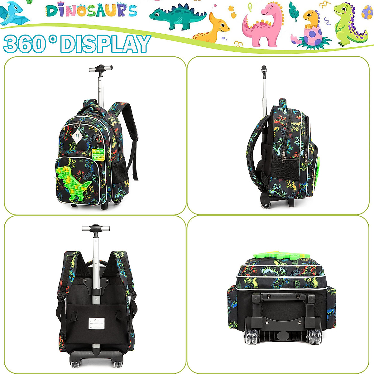Meetbelify Rolling Backpack for Boys with Lunch Box Set Dinosaur Backpack with Wheels Kids Travel Suitcase Laptop Luggage for Boys Age 6-8