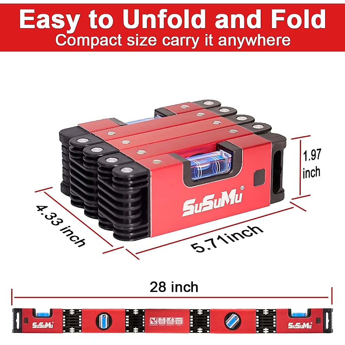 NEW UPGRADE Magnetic Level Tool Multi-Function Bubble Level 5-28inch Folding Level Small Mini Spirit Leveler Foldable Into Toolbox, Angle Line Leveling for Craftsman Construction Woodworking