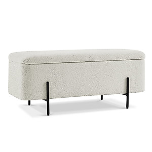 MCombo Storage Ottoman Bench, Teddy Fabric Upholstered Footstool with Storage Space, Bed End Bench for Bedroom, Living Room, Entryway W709 (White)