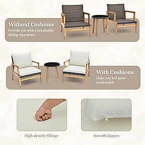 HAPPYGRILL 3 Pieces Patio Bistro Set, Wicker Acacia Wood Outdoor Furniture Set with Cushions, Tempered Glass Side Table, PE Rattan Wicker Chair with Table for Porch, Balcony, Deck