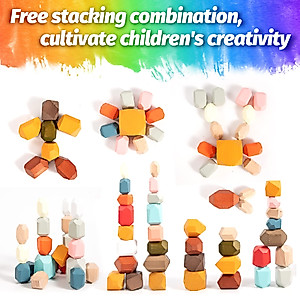 48 Pcs Wooden Stacking Stones- Building Sorting Rocks Balancing Wooden Blocks Preschool Educational Learning Toy for Kids Toddlers 3 4 5 6 Years Old