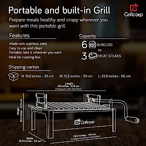 Grillcorp, Portable and built-in Grill with Lifting System, 100% Stainless Steel, Argentine grill, Attachment for Junior Caja China, BBQ, Outdoor Cooking, Camping grill, drip pan (Argentine style)