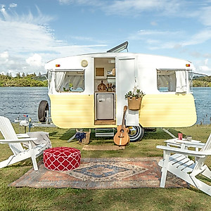 Fabritones Outdoor Inflatable Ottoman Cover Round 21x9 Inch Red Geometric Pattern Patio Foot Stools and Ottomans Cover