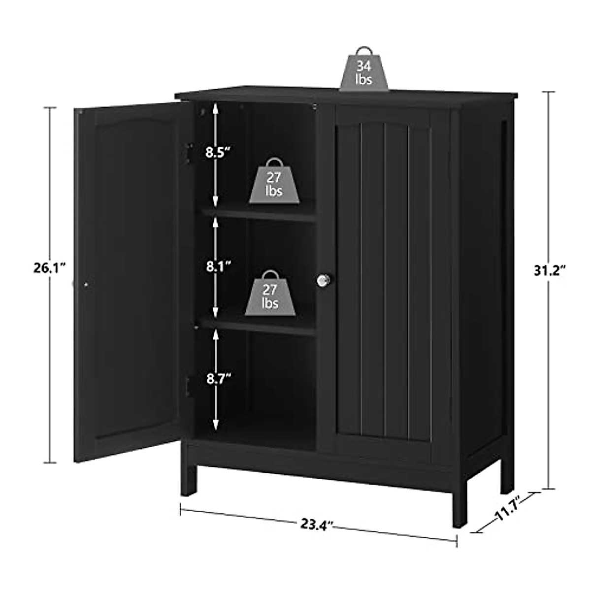 Iwell Bathroom Cabinet - Bathroom Storage with 2 Doors & 2 Shelves, 3 Heights Available, Floor Cabinet for Living Room, Bedroom, Kitchen, Home Office, Black.