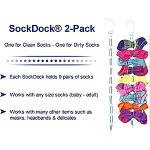 SockDock Sock Laundry Tool & Storage Hanger for Washing Drying & Storing Paired Socks, Clips & Locks, No Sorting or Matching, Foldable Closet Organizer Better Than Mesh Bag, 2-Pack (Blue)