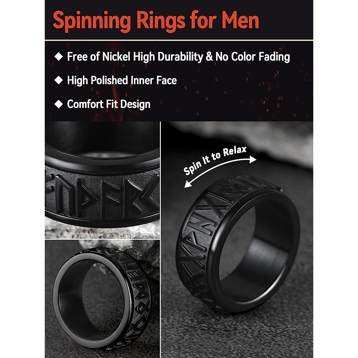 Scandinavia Viking Rune Band Thumb Rings, Black Punk Pinky Ring for Male, Women Spinner Stackable Finger Acccessories