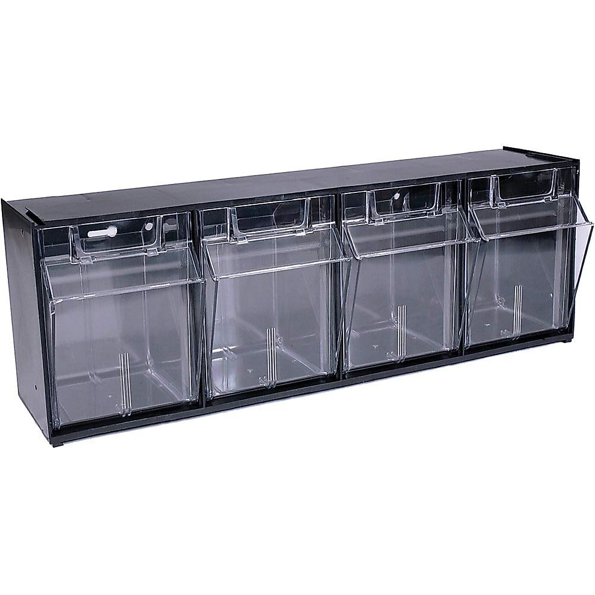 deflecto Tilt Bin Interlocking Multi-Bin Storage Organizer, 4 Sections, 23.63" X 6.63" X 8.13", Black/Clear