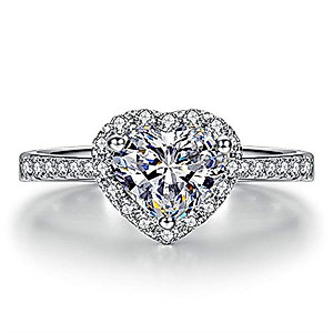 Sdouefos Rhodium Plated Sterling Silver Heart Shaped Cubic Zirconia CZ Halo Engagement Wedding Insert Ring Promise Rings for Her(9)