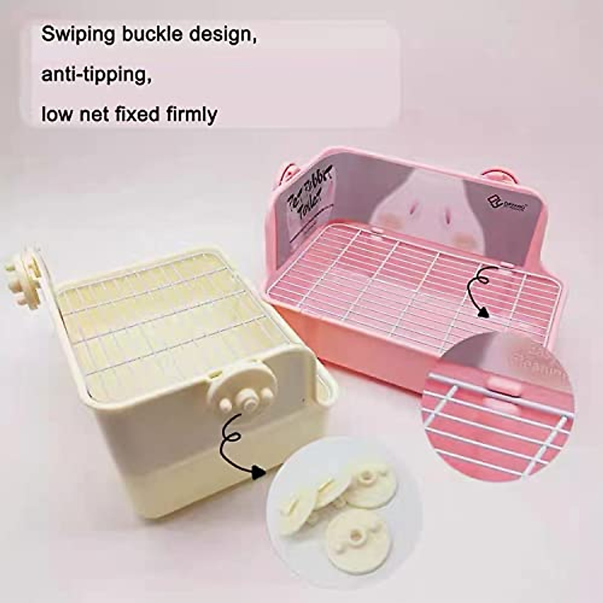 JAYCCON 5-in-1 Rabbit Litter Box with Hay Food Feeding Set, Bunny Toilet Potty with Small Pet Hay Feeder Bag and Water Food Feeding Bowl for Rabbit Guinea Pig Chinchilla ((Medium(Pink)))