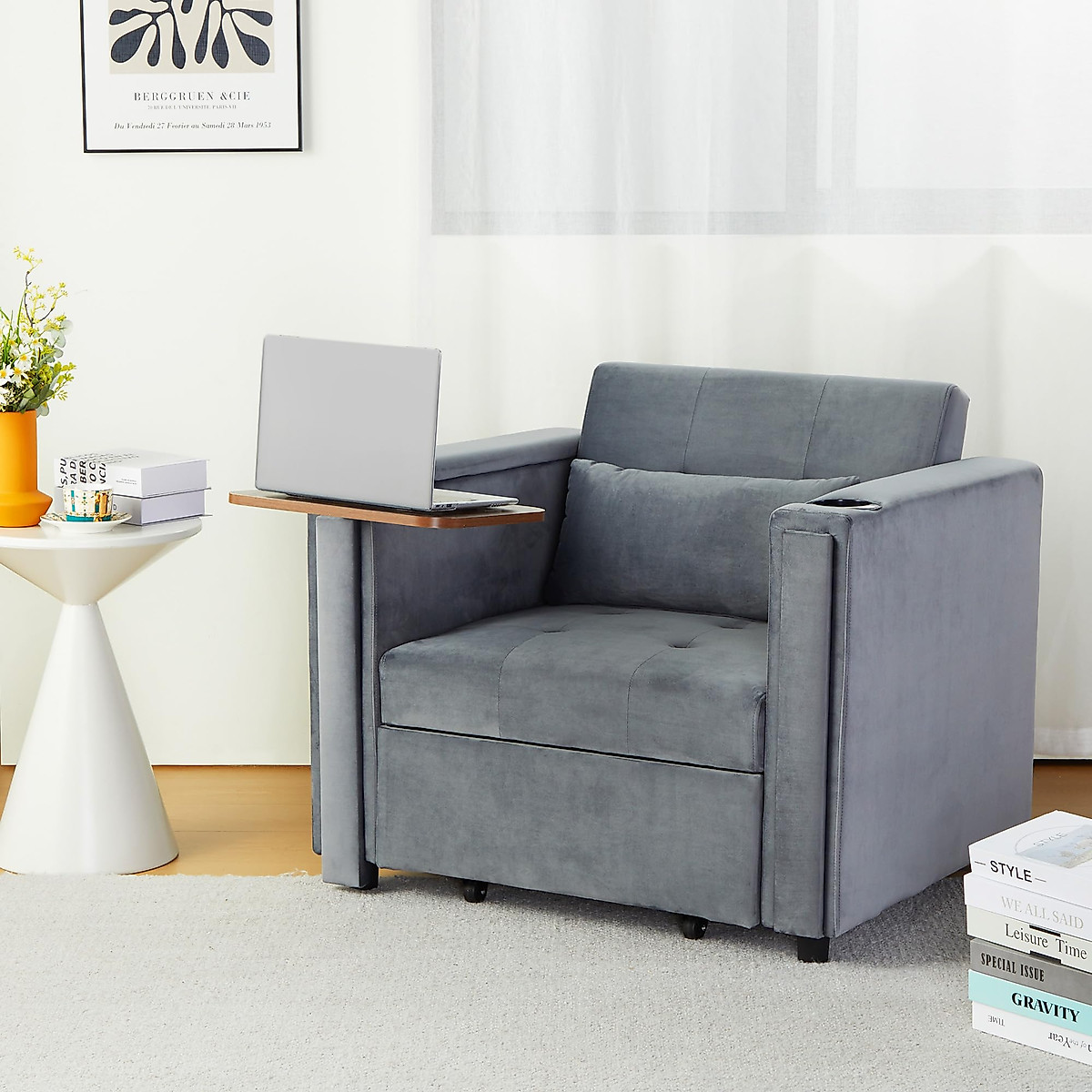 weselon Velvet Convertible Chair Bed, 3 in 1 Multi-Functional Lounge Chair Sleeper, Pull Out Couch Guest Bed with Hidden Table and Adjustable Backrest for Living Room Small Space Apartment (Gray)