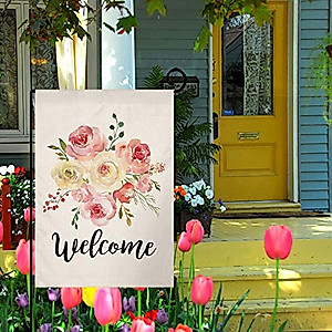 Spring Peonies Welcome Garden Flag Vertical Double Sided Burlap Yard Spring Flower Farmhouse Outdoor Decor 12.5 x 18 Inches