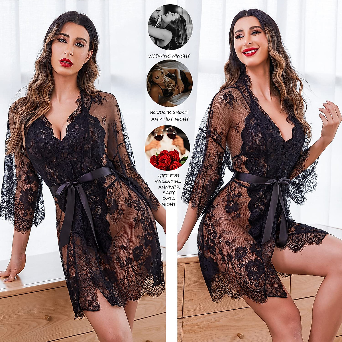 Avidlove Women Sexy Bridal Lingerie Set 2 Piece Lace Robe With Sheer Teddy Babydoll Bodysuit