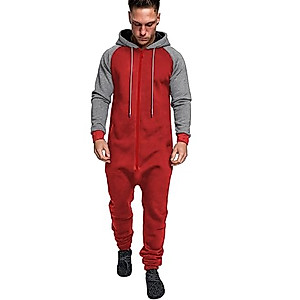 COOFANDY Mens Stylish Romper Christmas Jumpsuit One Piece Outfits Pajamas with Pockets (Wine Red/Grey S)