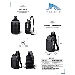 BAPASA Men Sling Crossbody Bag Compact Shoulder Waterproof Sling Bag USB Casual Sport Lightweight Backpack (BLACK)