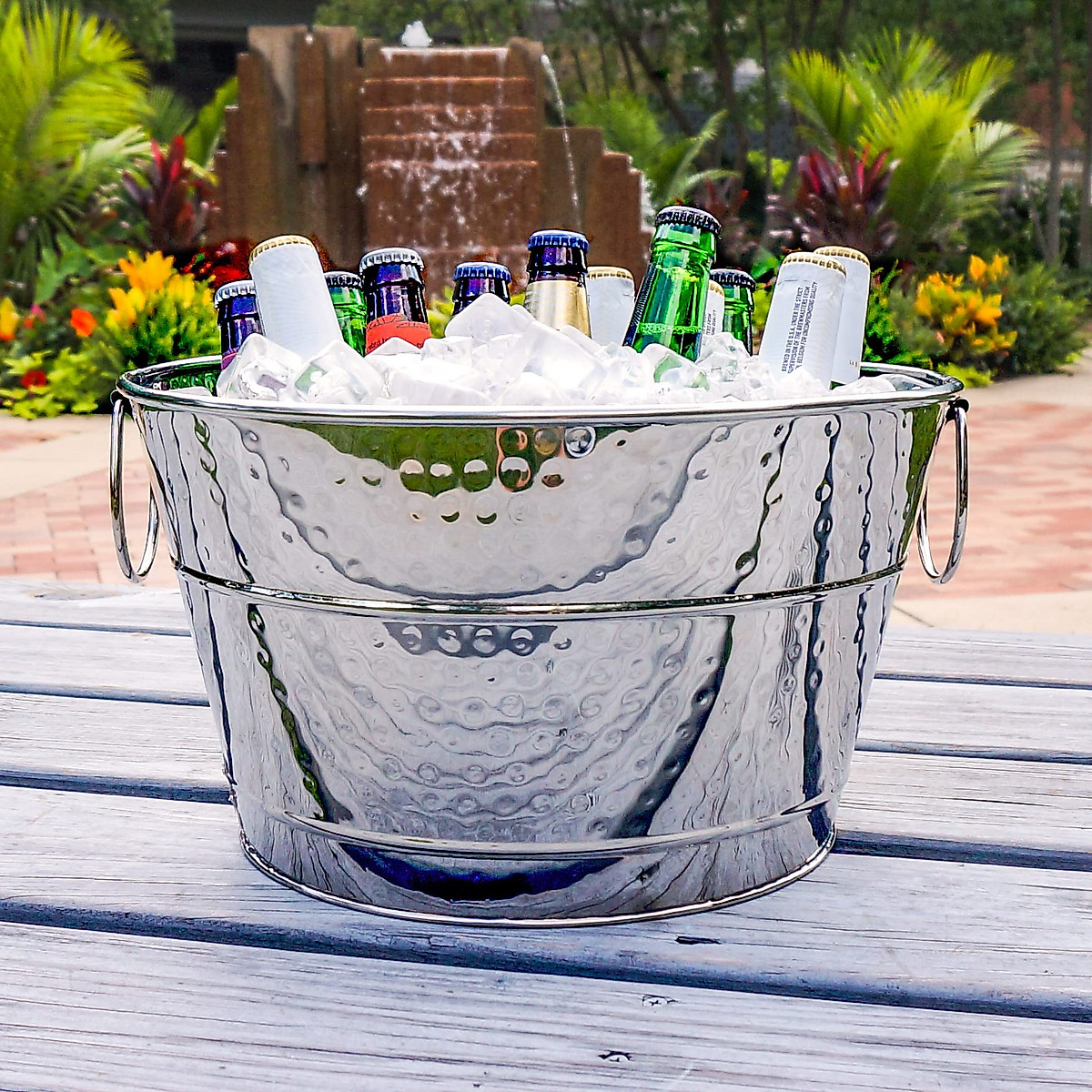 BREKX Stainless Steel Ice Bucket Round - Leak-Resistant Champagne Bucket - Hammered Drink Cooler for Parties - 15 Quarts - Metal Gift Basket for Wedding, Anniversary, or Housewarming