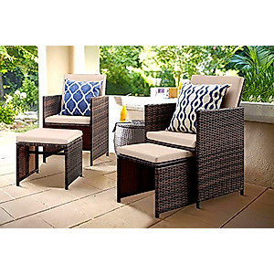 KaiMeng 4 Pieces Patio Furniture Space Saving Outdoor Brown Black Wicker Rattan Dining Sofa Chairs Cushioned Balcony Porch Sets with Ottomans (Beige)