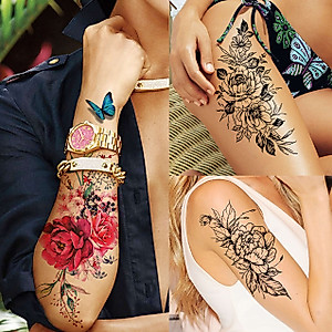 TASROI 18 Sheets Sexy Flower Rose Temporary Tattoos For Women Girls Adults, Women Body Art Fake Arm Tattoo Stickers, Waterproof Moon Butterfly Black Floral Tattoo Temporary Orchid Dahlia Neck Tatoos