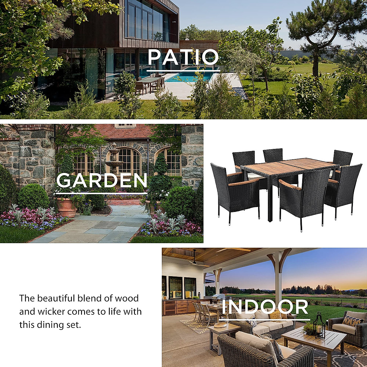 Aiuyesuo 7-Piece Outdoor Patio Dining Set, Garden PE Rattan Wicker Dining Table and Chairs Set, Acacia Wood Tabletop, Stackable Armrest Chairs with Cushions for Backyards Porches Poolside (Brown-13)